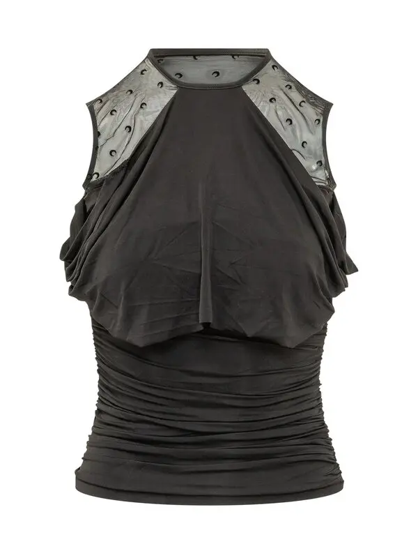 MARINE SERRE Asymmetrical Ruched Mesh Top - Black