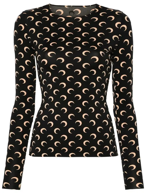 MARINE SERRE Reinforced Neckline Moon Print Cuffed Top - Nero