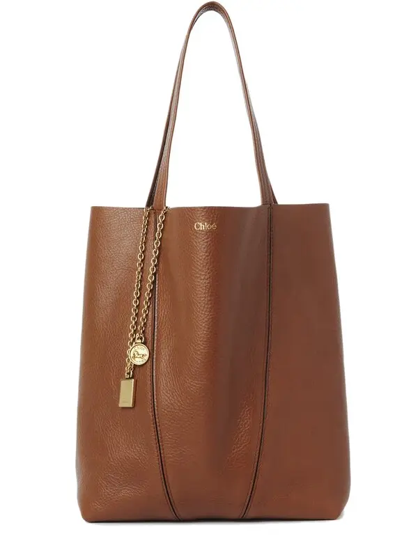 Chloé Leather Tote Bag With Emblematic Chain - Brown