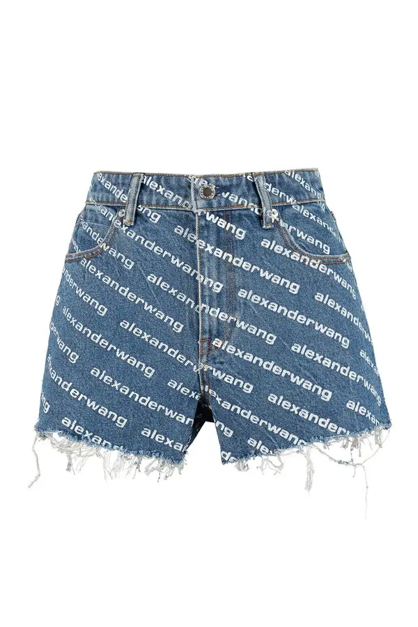 Alexander Wang All-over Logo Print Frayed Hem Mini Shorts - Denim