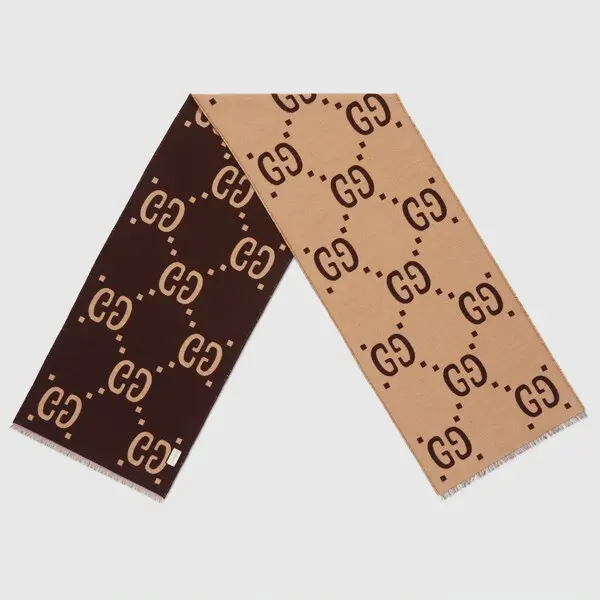 Gucci Gg Jacquard Wool Silk Scarf W 35cm X L 190cm - Beige