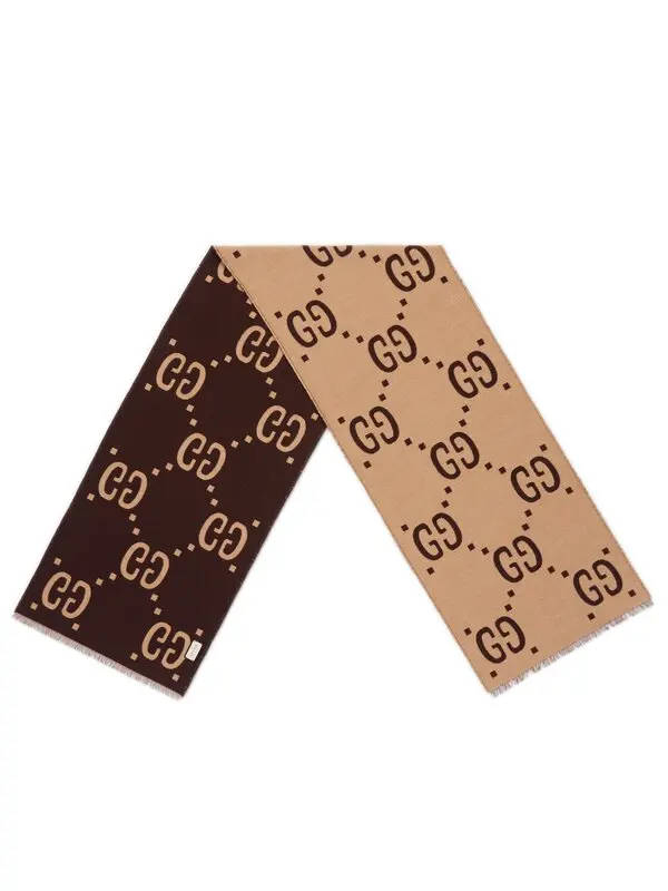 Gucci Gg Jacquard Wool Silk Scarf W 35cm X L 190cm - Beige