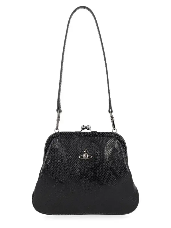 VIVIENNE WESTWOOD Leather Textured Kisslock Shoulder Bag - Black