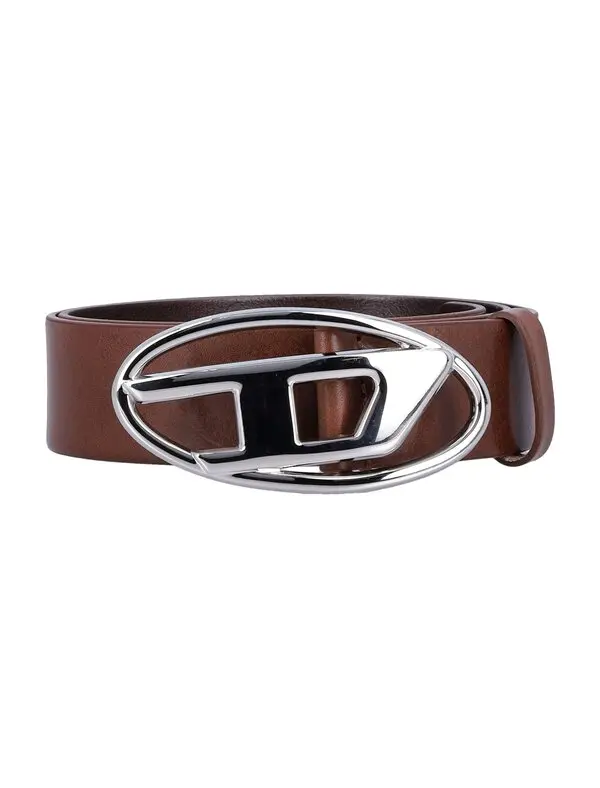 DIESEL® Classic Leather Belt With Shiny Oval Logo Buckle 4 Cm Height - Brown