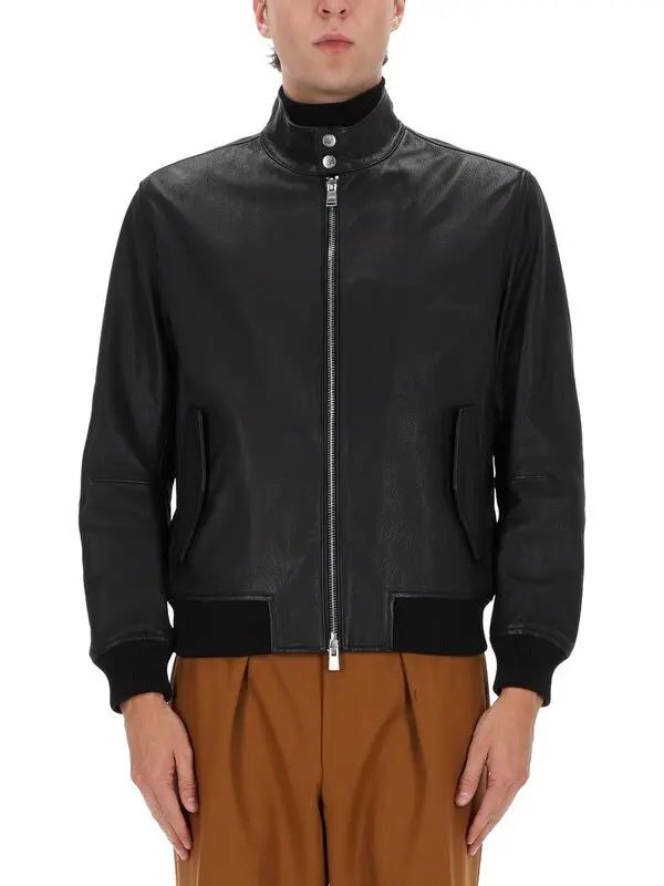 BOSS Leather Zip Jacket With Stand Collar
