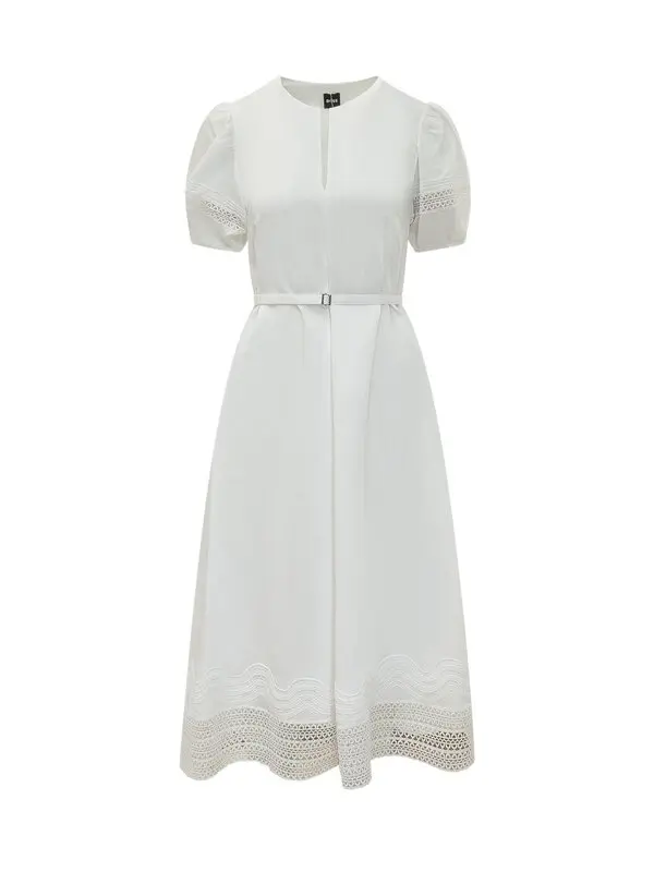 BOSS Belted Midi Dress With Embroidery - White