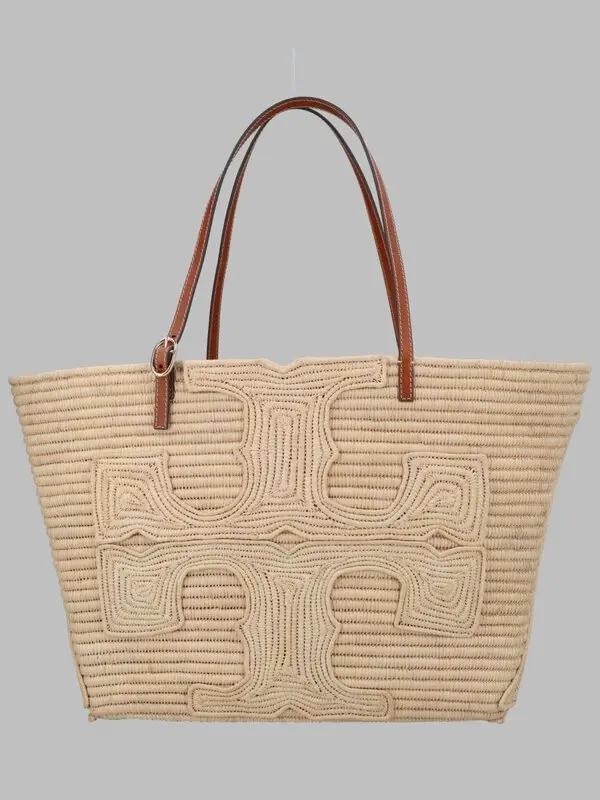 Tory Burch Raffia Tote Bag With Leather Top Handles - Beige