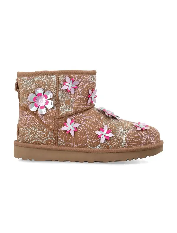 UGG Floral Embellished Suede Ankle Boots - Chestnut