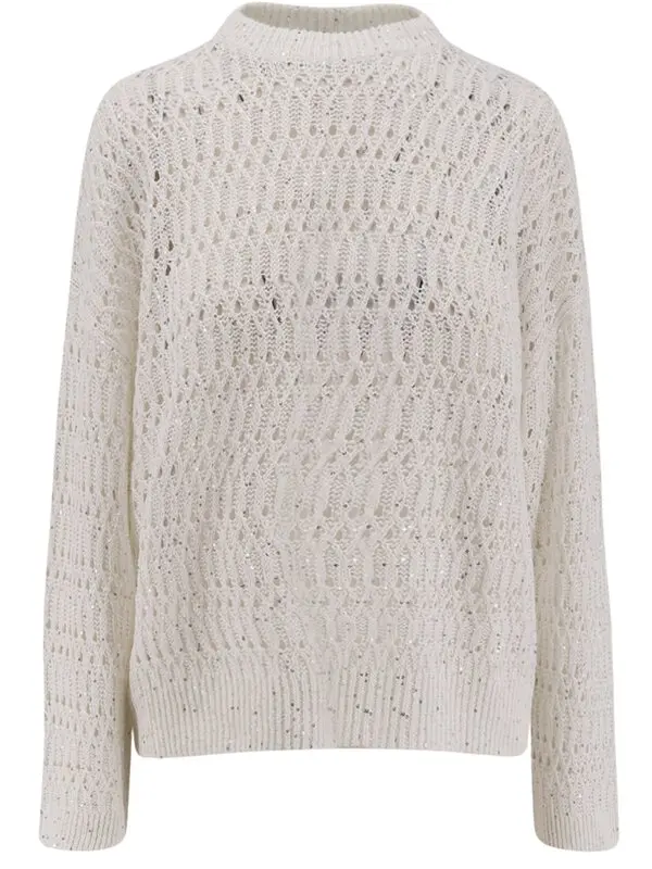 Brunello Cucinelli Sequined Crochet Knit Linen-blend Sweater