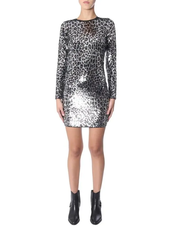 Michael Kors Leopard Sequin Long Sleeve Dress - Grey