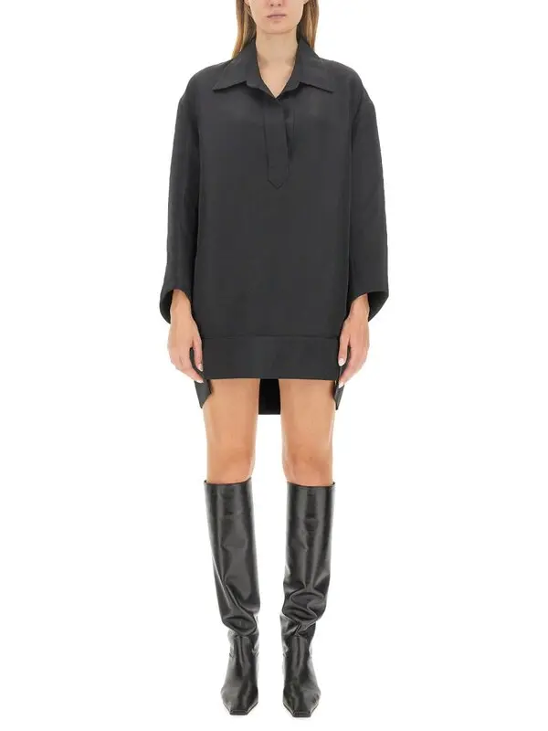 Khaite Collared Long Sleeve Dress In Viscose And Virgin Wool - Black