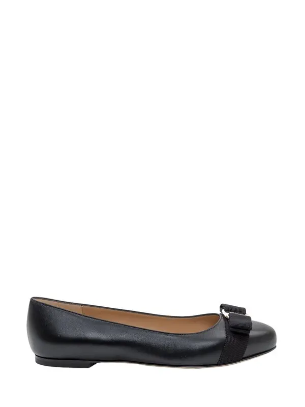 FERRAGAMO Black Leather Bow Detail Ballerina Flats - Nero
