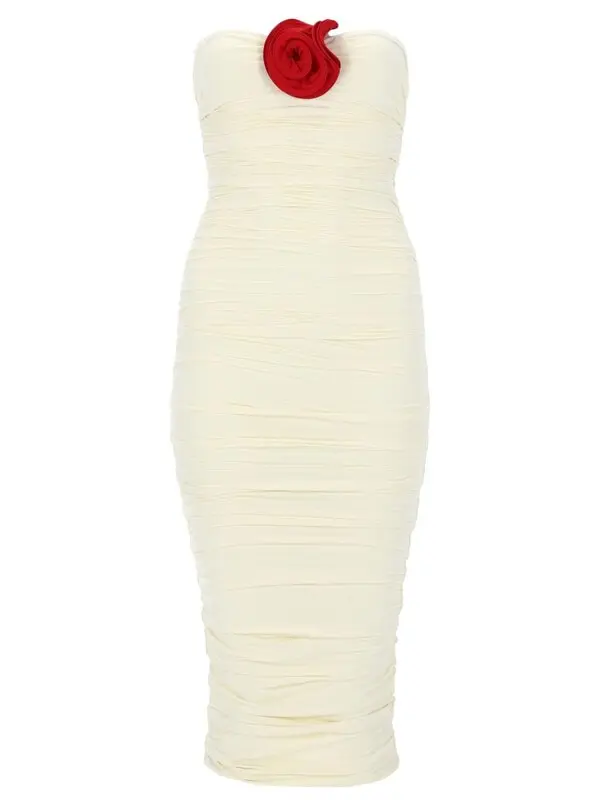 LA REVECHE Strapless Ruched Midi Dress With Rose Detail