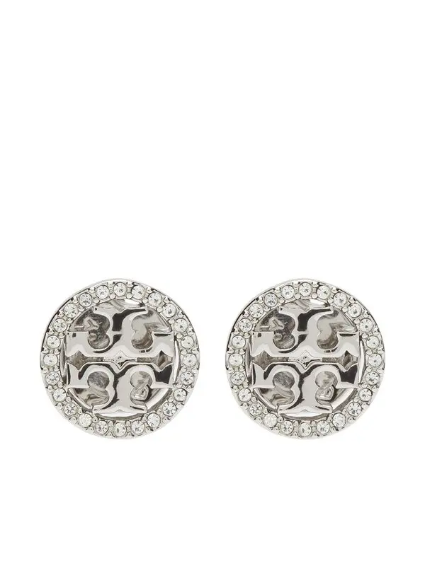 Tory Burch Logo Crystal Stud Earrings - Silver