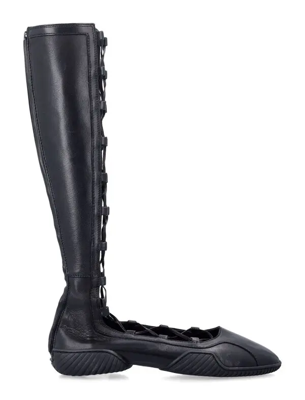 MIISTA Knee-high Lace-up Ballet Flat Boots - Black