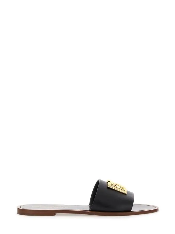Dolce & Gabbana Calfskin Flat Slip-on Sandals With Logo Detail - Black