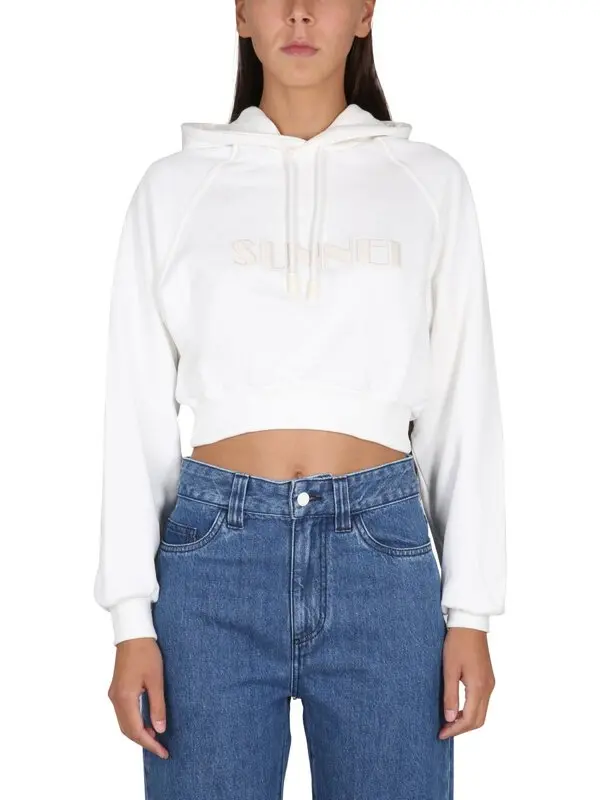 Sunnei Cropped Logo Hoodie - Beige