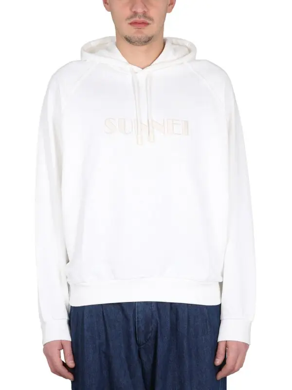 Sunnei Embroidered Logo Drawstring Hooded Sweatshirt - Beige