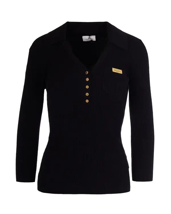 Elisabetta Franchi Ribbed Knit Long Sleeve Polo Top With Gold-tone Buttons - Nero