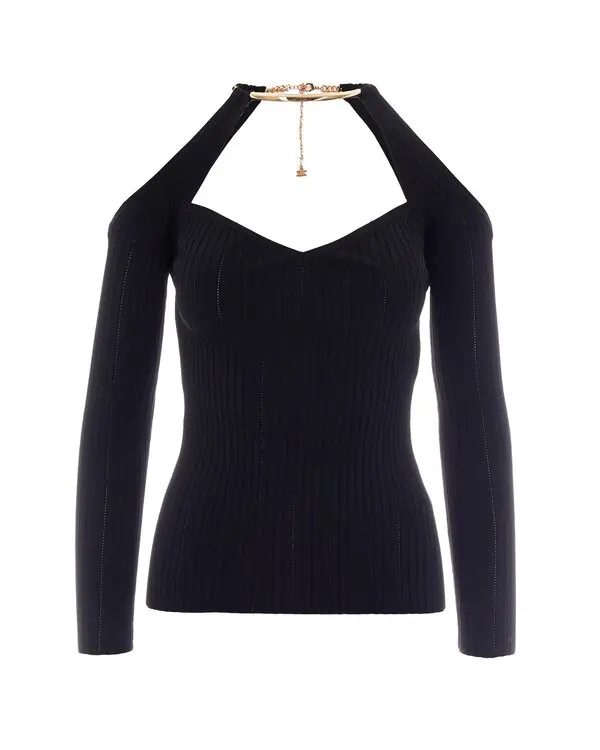 Elisabetta Franchi Ribbed Knit Sweater With Chain Detail - Nero