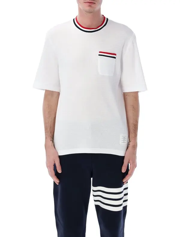 Thom Browne Short Sleeve Tee W/ Striped Racking Stit - White