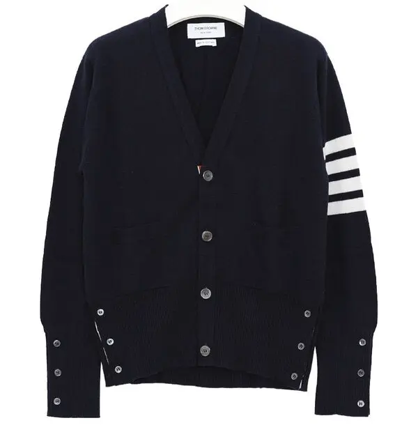 Thom Browne Navy Wool Cardigan With Signature Stripes - 415