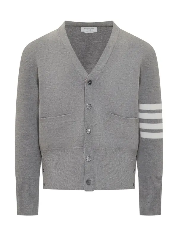 Thom Browne V-neck Cardigan With Signature Stripes - Lt Grey