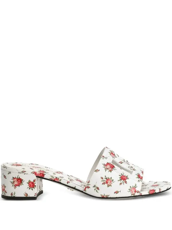 Dolce & Gabbana Floral Print Leather Block Heel Sandals - White