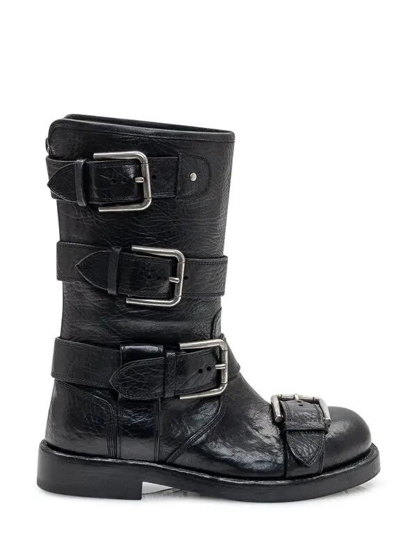 Dolce & Gabbana Black Leather Buckled Mid Calf Boots