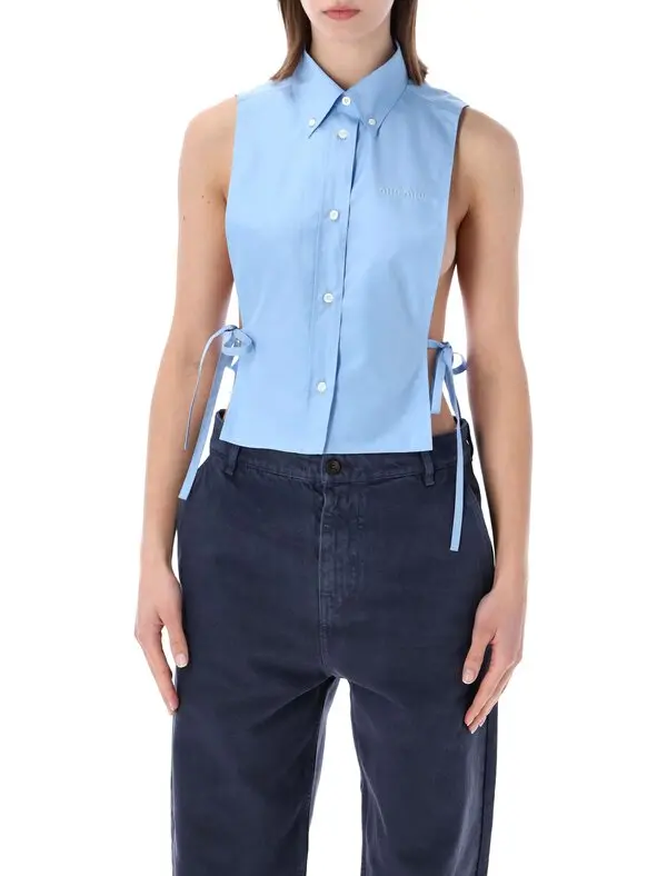 Miu Miu Sleeveless Poplin Shirt With Tie Detail - Light Blue