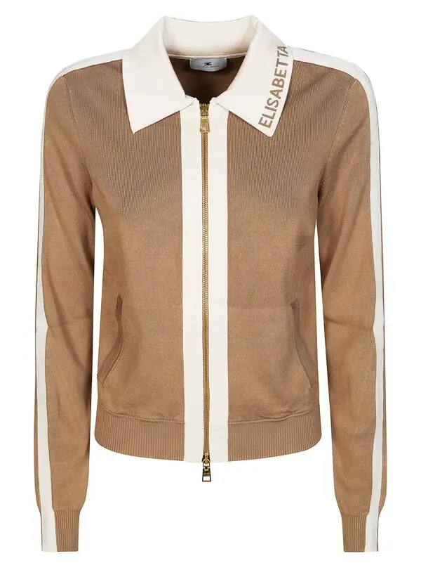 Elisabetta Franchi Knit Fabric Jacket With Shiny Viscose Bands - Beige