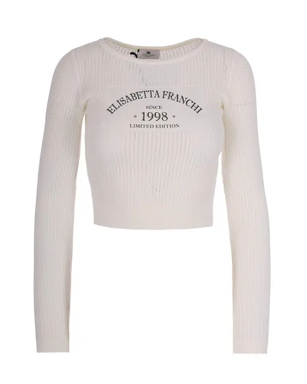 Elisabetta Franchi Ribbed Cropped Sweater With Graphic Detail - Avorio