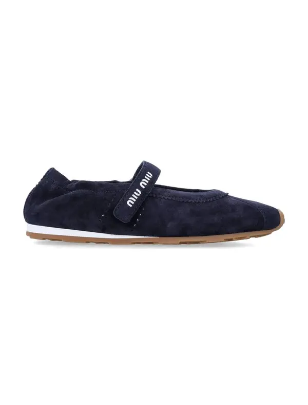 Miu Miu Suede Ballet Flats With Logo Strap - Blue