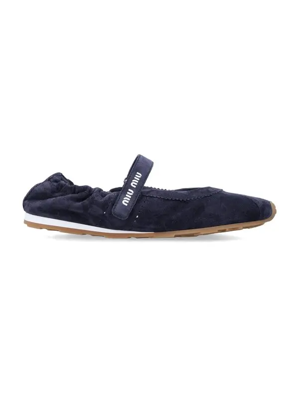 Miu Miu Suede Ballet Flats With Logo Strap - Blue
