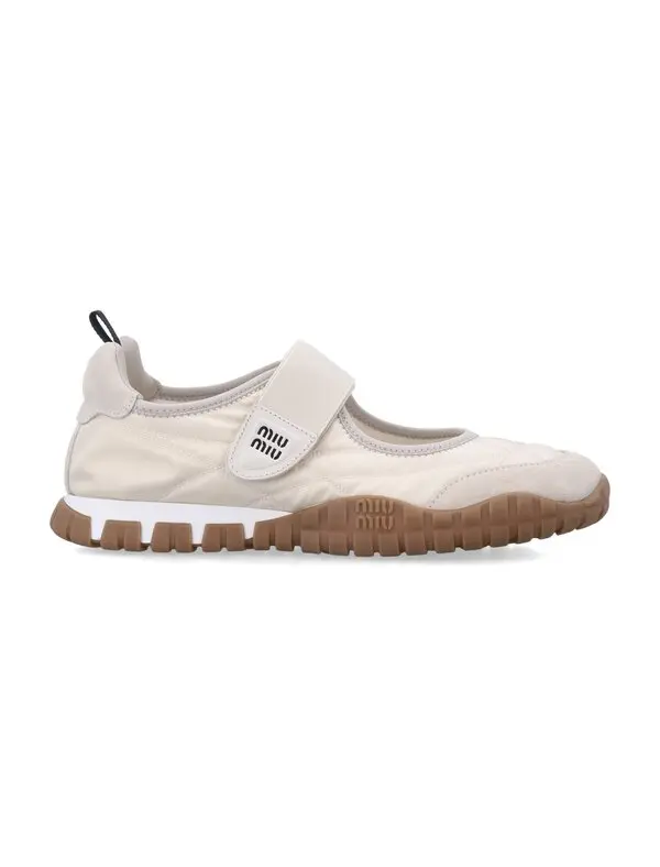 Miu Miu Technical Fabric And Suede Ballerinas With Hook-and-loop Closure - White