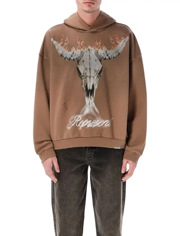 REPRESENT Graphic Skull Print Oversized Hoodie - Dusty Brown