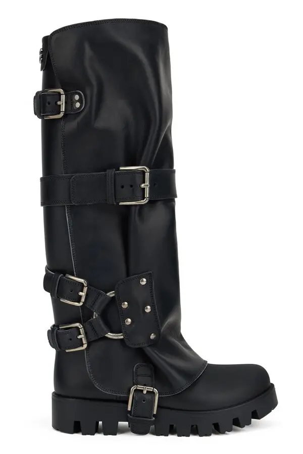 Dolce & Gabbana Knee-high Rubber And Calfskin Boots With Buckle Detailing - Black