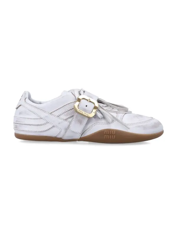Miu Miu Buckled Vintage Leather Sneakers - White