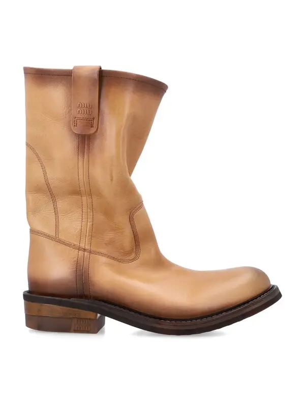 Miu Miu Slouchy Leather Boots With Aged Effect And 4.5 Cm Heel - Light Tan