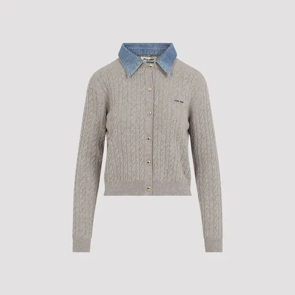 Miu Miu Cable Knit Cardigan With Denim Collar
