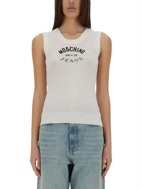 Moschino Slim Fit Knit Top With Inlay Logo - White