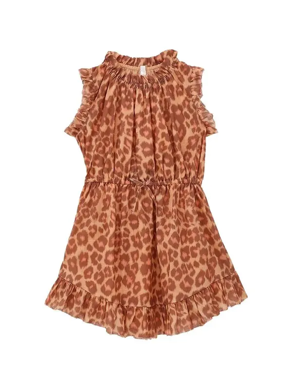 Zimmermann Leopard Print Mini Dress With Ruffled Neckline And Drawstring Waist - Multicolour