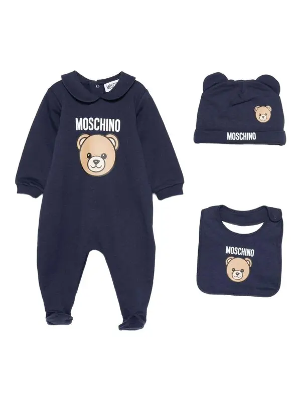 Moschino Teddy Bear Print Bodysuit, Hat, And Bib Set - Blue