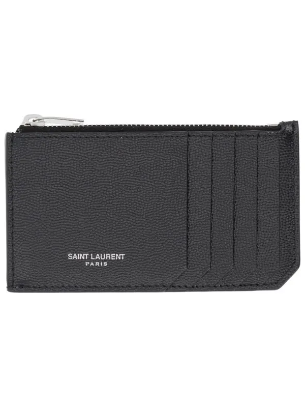 Saint Laurent Fragments Zipped Card Case In Grain De Poudre Leather - Black