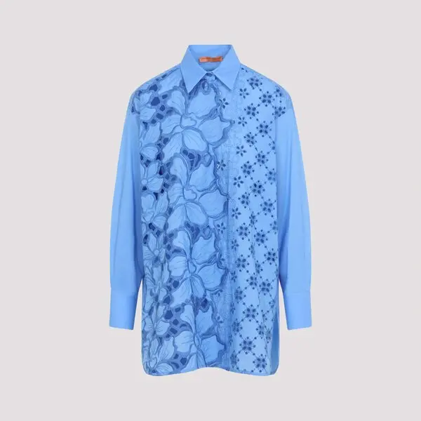 Ermanno Scervino Cotton Shirt With Floral Applique - Blue