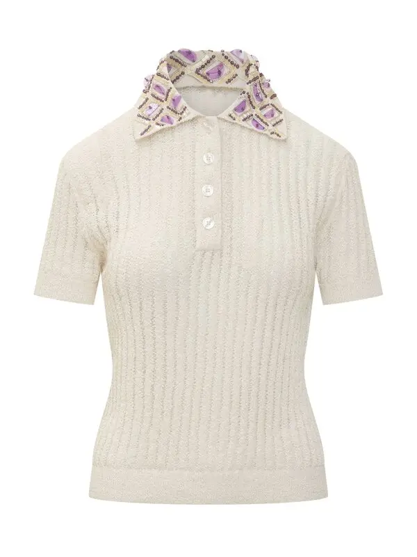 DES_PHEMMES Ribbed Polo With Embellished Collar - Vanilla