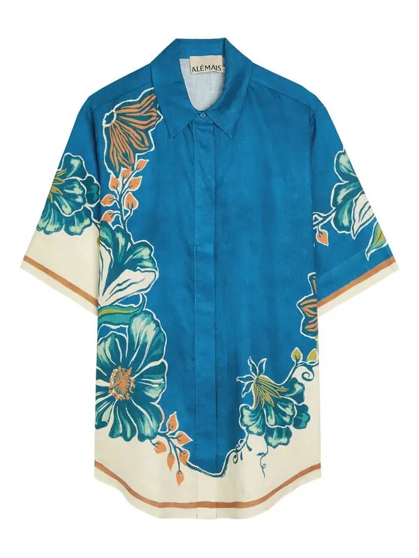 ALEMAIS Pointed Collar Stand Shirt With Self-covered Buttons - Blue