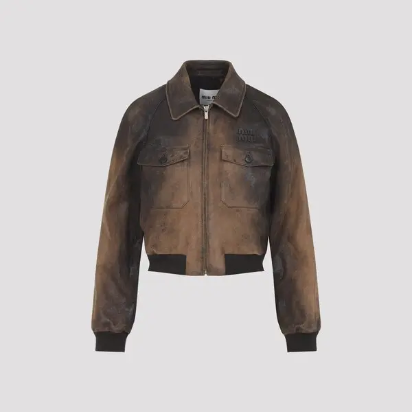 Miu Miu Lamb Leather Zip-up Jacket - Brown