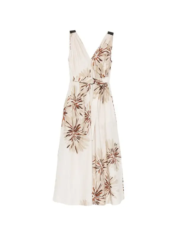 Brunello Cucinelli Floral Belted Midi Dress - Beige