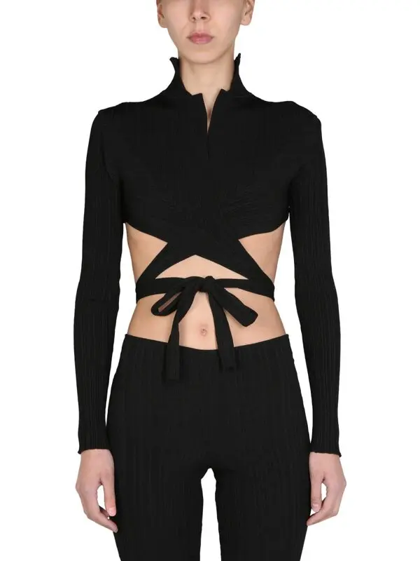 Philosophy Di Lorenzo Serafini Ribbed Knit V-neck Wrap Top With Criss-cross Lacing - Black